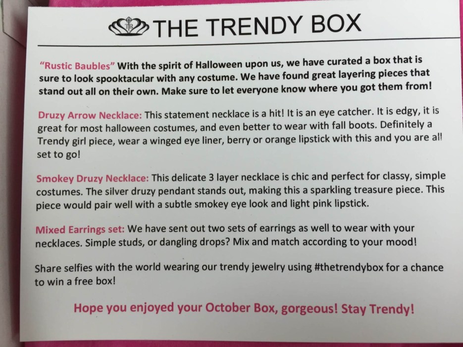 The Trendy Box Jewelry Subscription Box Review & Coupon - October 2015 ...