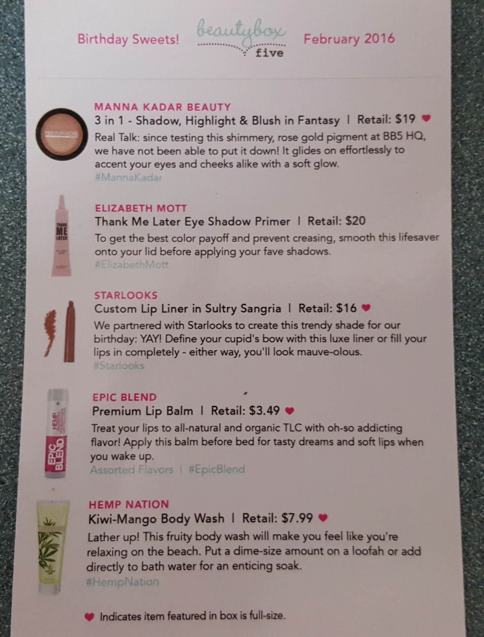 Beauty Box 5 Review - February 2016 Birthday Sweets - Hello Subscription