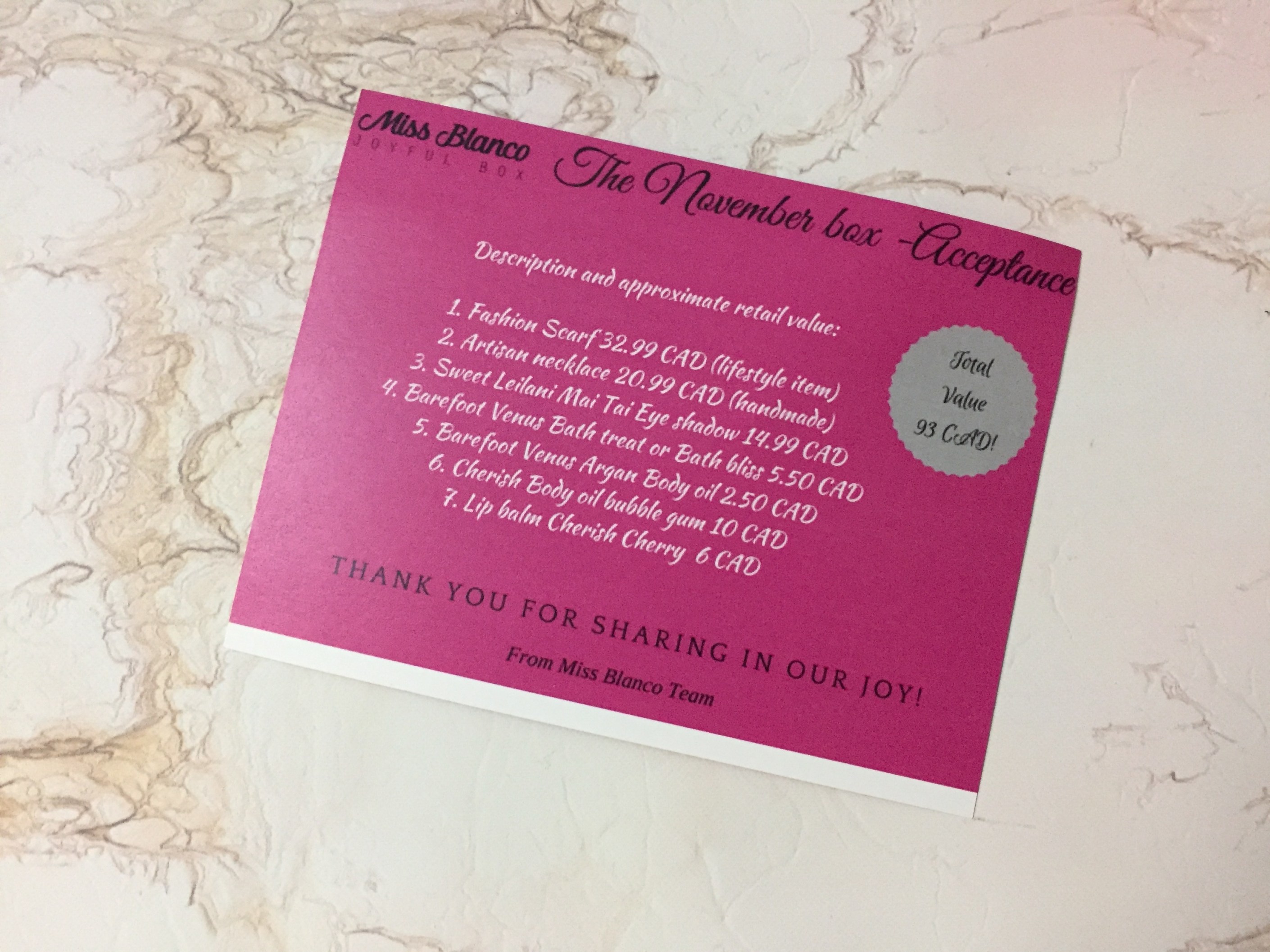 Miss Blanco Joyful Box November 2016 Subscription Box Review + Coupon ...