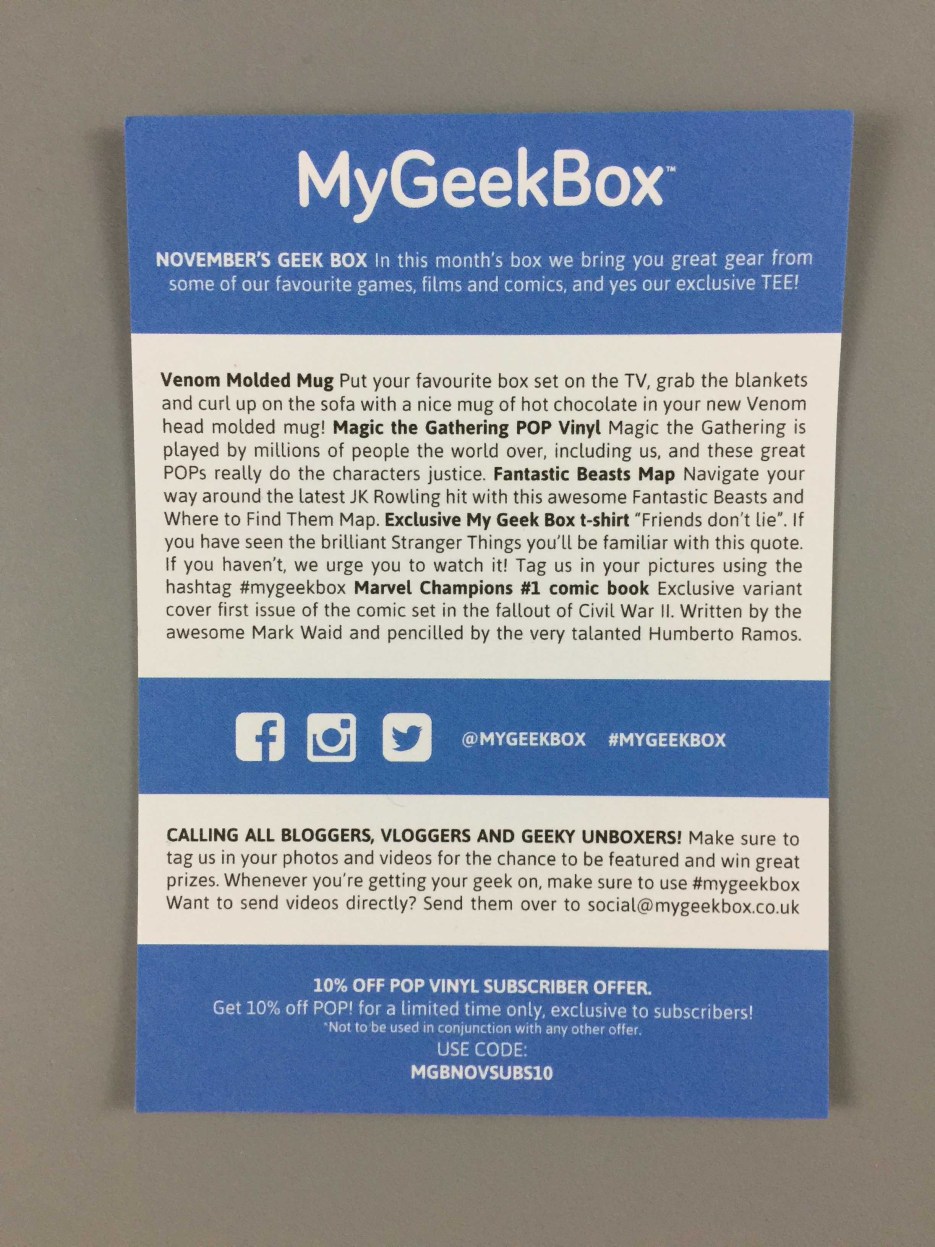 My Geek Box November 2016 Subscription Box Review - Hello Subscription